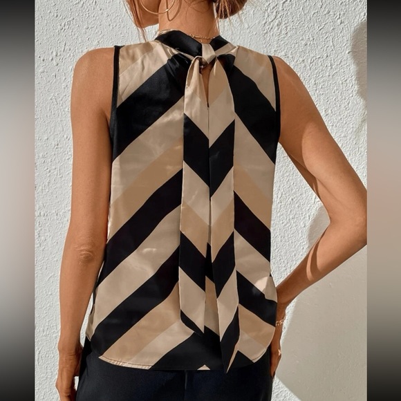 Tops | Luxe Chevron Pattern Tie Neck Sleeveless Blouse | Poshmark
